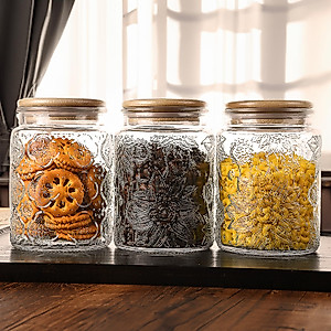 Custde Glass Storage Jars With Airtight Lid, 23.7 FL oz Canister For Kitchen Counter with Bamboo Lid, brown sugar, candy, coffee, cookie, salt, tea, cute Jar (Sunflower*1)