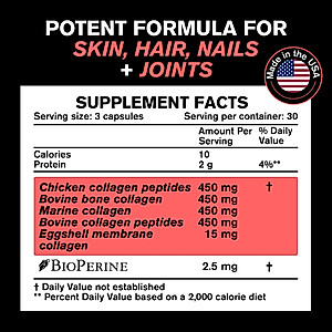 Collagen Pills 1800 mg - Multi Collagen Supplements (Types I, II, III, V & X) Grass Fed Non GMO Collagen Peptides Pills for Hair, Skin and Joints - Hydrolyzed Collagen Protein Powder for Women and Men