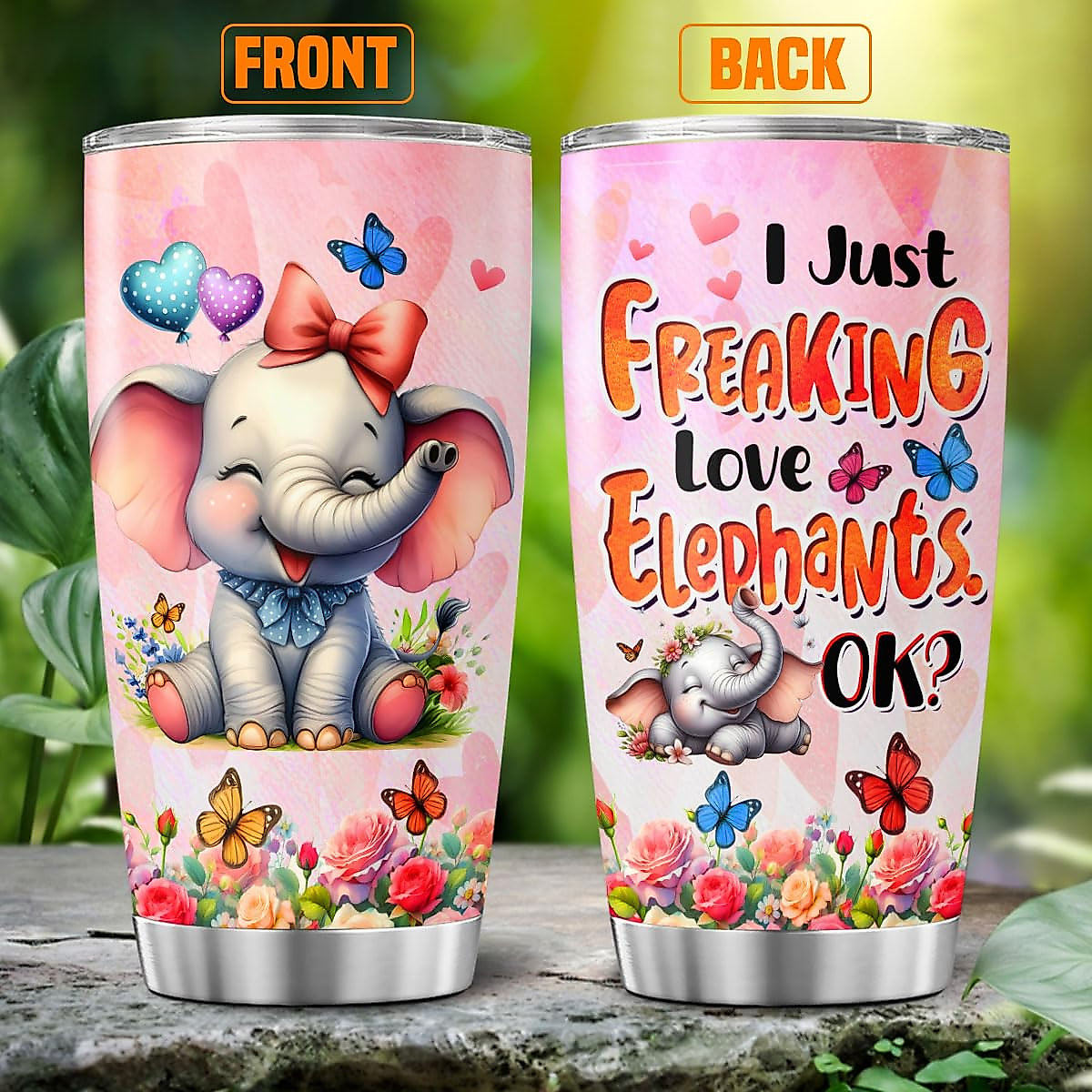 JENOIS Elephant Gifts, Tumbler 20 Oz With Lid And Straw, Floral Flower, Elephant Freaking Love