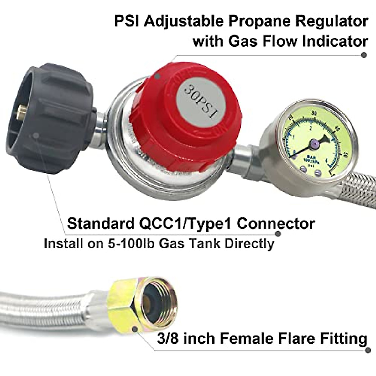 NQN Upgraded 12 FT 0-30 PSI High Pressure Adjustable Propane Regulator with Gauge 0~60PSI Gas Flow Indicator, QCC1 x 3/8" Female Flare Fitting with 3/8 Flare x 1/8 MNPT, Stainless Braided Propane Hose