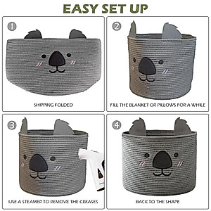 OMERAI Animal Baskets Cotton Rope Storage Basket Woven Toy Basket Large Basket for Blankets Cute Koala Basket with Handles Foldable Animal Laundry Basket Nursery Basket Organizer, 15"D x 12.6"H (Grey)