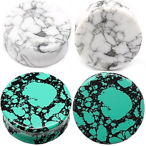 2 Pair Combo Aqua Green/Teal Howlite & White Howlite Organic Stone Ear Plugs Gauges (16MM-5/8 INCH)