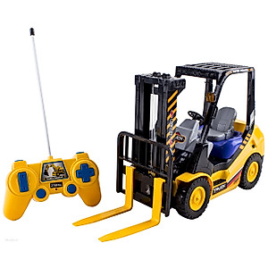 WolVolk 6-Channel Electric Remote Control Forklift - Functional RC Lighted Fork Lift Toy w/Pallet, Barrel, Rechargeable Batteries & Charger - Pretend Construction Playset for Kids