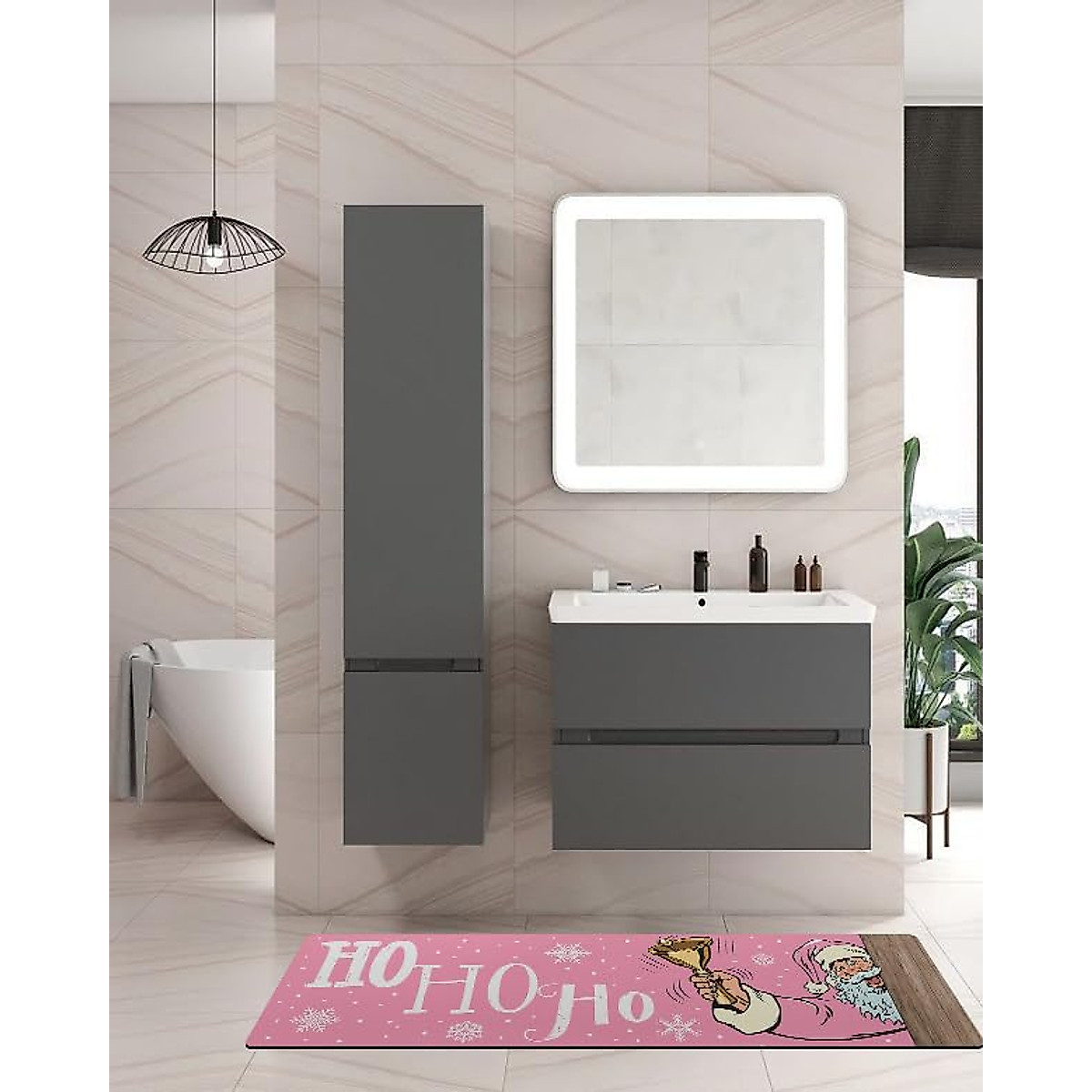 Christmas Pink Bath Mat for Tub,Non Slip Bathroom Floor Runner Rug Quick Dry & Absorbent Diatomaceous Earth Shower Sink Bedroom Kitchen Washable Doormat,Blush Santa Bell Winter Snowflake 18"x47"