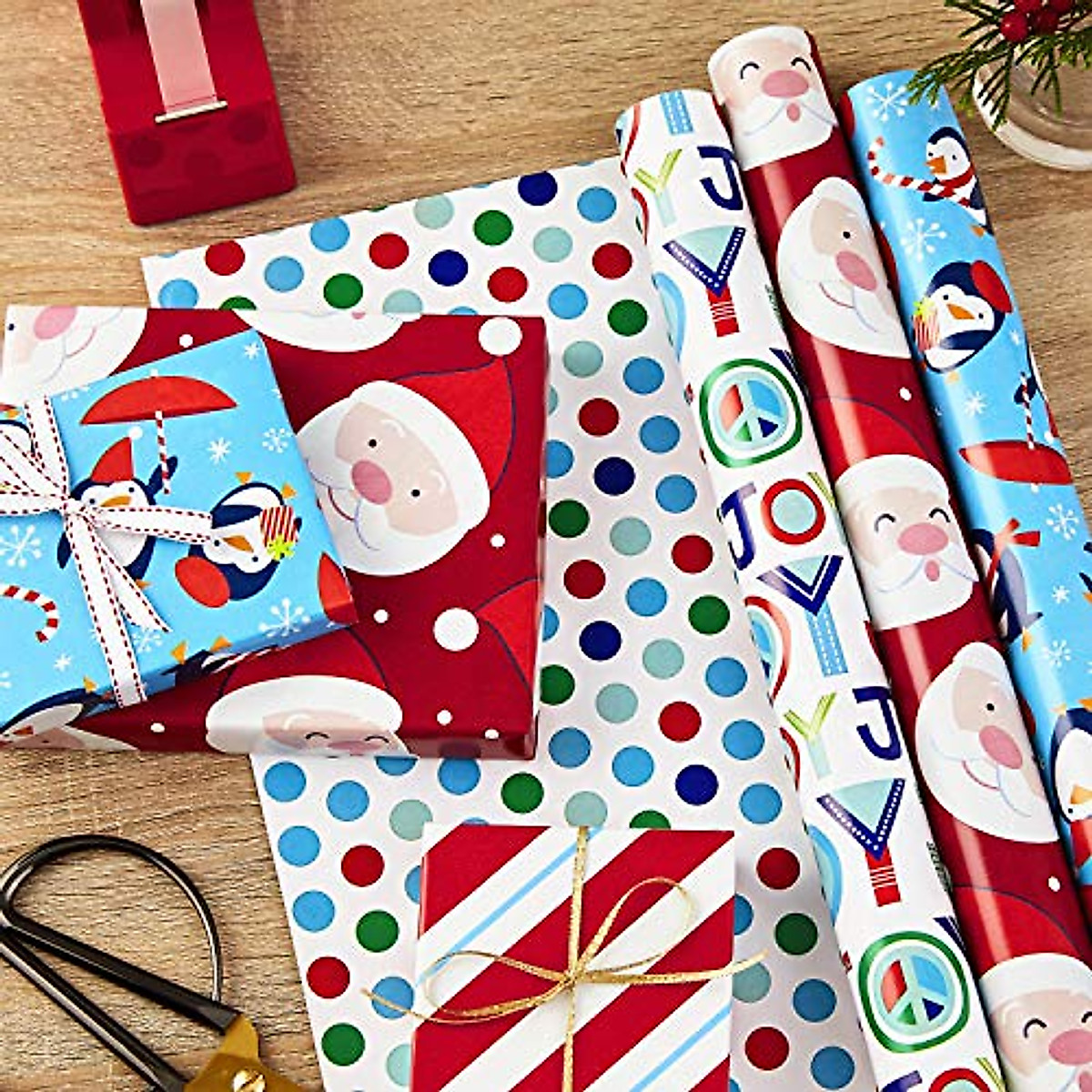Hallmark Christmas Reversible Wrapping Paper, Kids (Pack of 3, 120 sq. ft. ttl) Santa, Joy, Penguins, Snowflakes, Polka Dots, Stripes