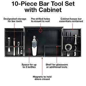 Excello Global Products Barndoor Bartender Cabinet with 10 Piece Bar Tool Set: The Perfect Kit for Home Bartenders (Black)