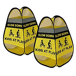 Slow Down Kids at Play Signs for Street | 2 Pack slow down signs for neighborhoods | Easily Weighted, 4-Sided Polyester Caution Playing Signs | Children At Play Safety Signs For Street | Street Signs