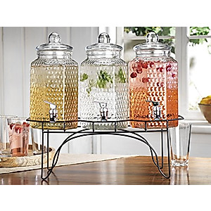 Elegant Home (3) 1 Gallon Each Quality Ice Cold Clear Hammered Glass Jug Beverage Dispensers Hermetic Seal Metal Display With Easy Fill Spigot- Great For Outdoors, Parties, Bars & Daily Use