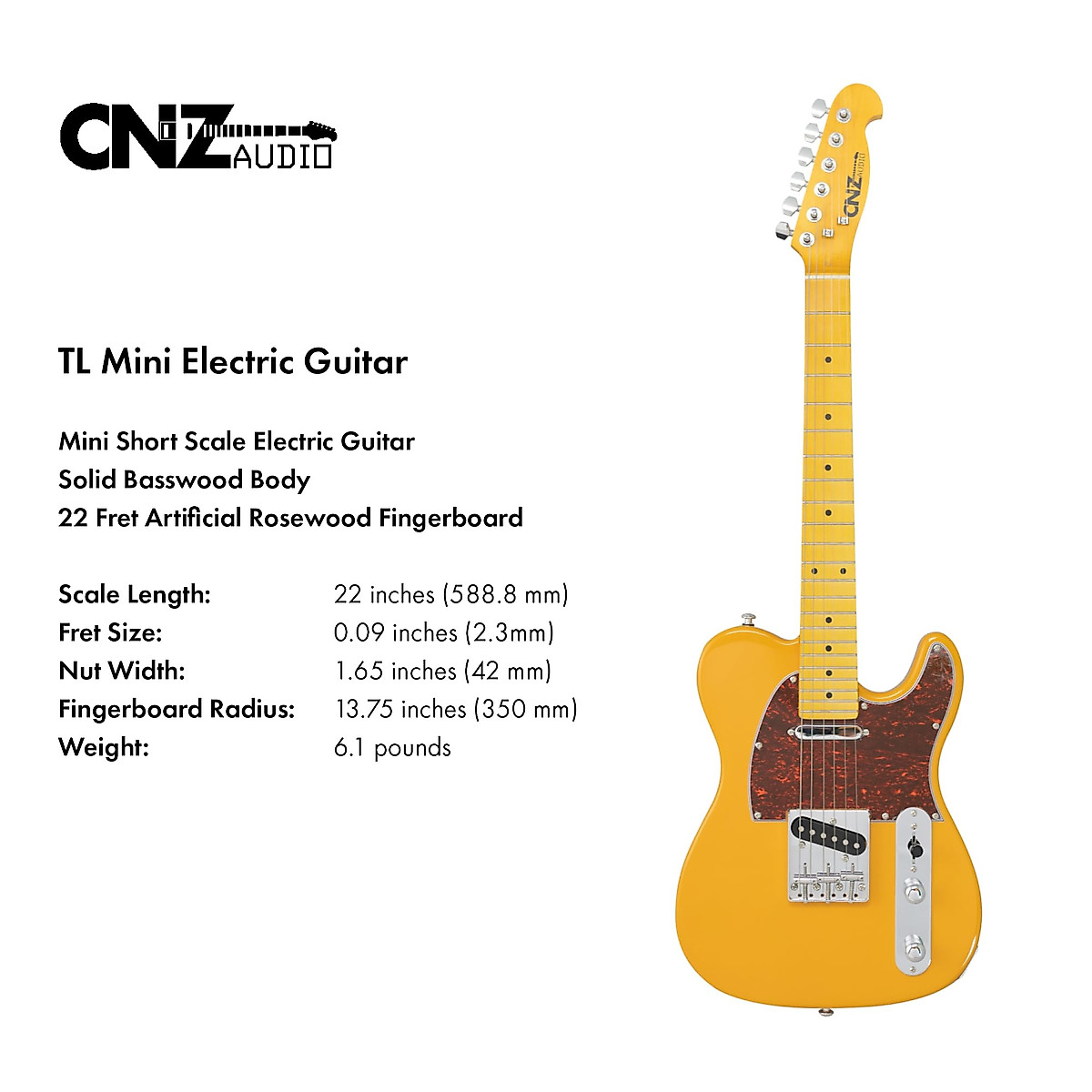 CNZ Audio TL Mini Electric Guitar - Butterscotch Blonde Finish, Tortoise Pickguard, 3/4 Short Scale, 7/8 size Guitar, 2 Single Coil Pickups, C Shaped Maple Neck, Classic Look & Feel