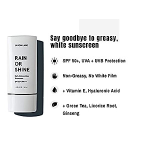 RAIN OR SHINE Anti Aging Face Sunscreen SPF 50 for Clear Skin w/Green Tea, Hyaluronic Acid, Vitamin C, Vitamin E Oil, Ginseng Extract, Licorice Root – SPF Moisturizer for Face, Fragrance Free 2.03 Oz