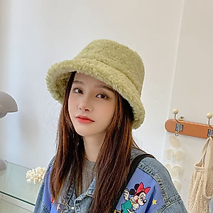 UU BEN Womens Lambs Wool Bucket Hat Outdoor Foldable Fisherman Cap for Women Japanese Cute Girls Casual Winter Warm Hat Green