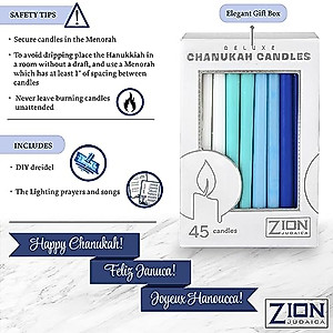 Festive Hanukkah Candles Box of 45 Multi-Blue Candles Thin Chanukah Menorah Candles with Prayer Card & DIY Dreidel Fits Standard Menorahs for All 8 Nights of Hanukah by Zion Judaica