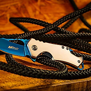 MTech USA MT-A882SBL Spring Assist Folding Knife, Blue Straight Edge Blade, Silver Handle, 3-Inch Closed