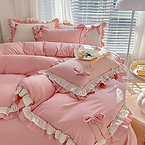 GRIPITHPY Girls Romantic Duvet Cover Set with Lovely Bow, Princess Style Chic Lace Ruffled Bow Bedding Set, Soft Breathable Comforter Cover Set with Zipper Closure(Queen, Pink)