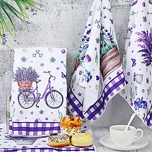 Funtery Set of 4 Purple Lavender Kitchen Towel Decoration Set Purple Flower Hand Towels Spring Themed Absorbent and Soft Purple Towels Buffalo Plaid Dish Towel Boho Farmhouse Decor, 16 x 26 Inches