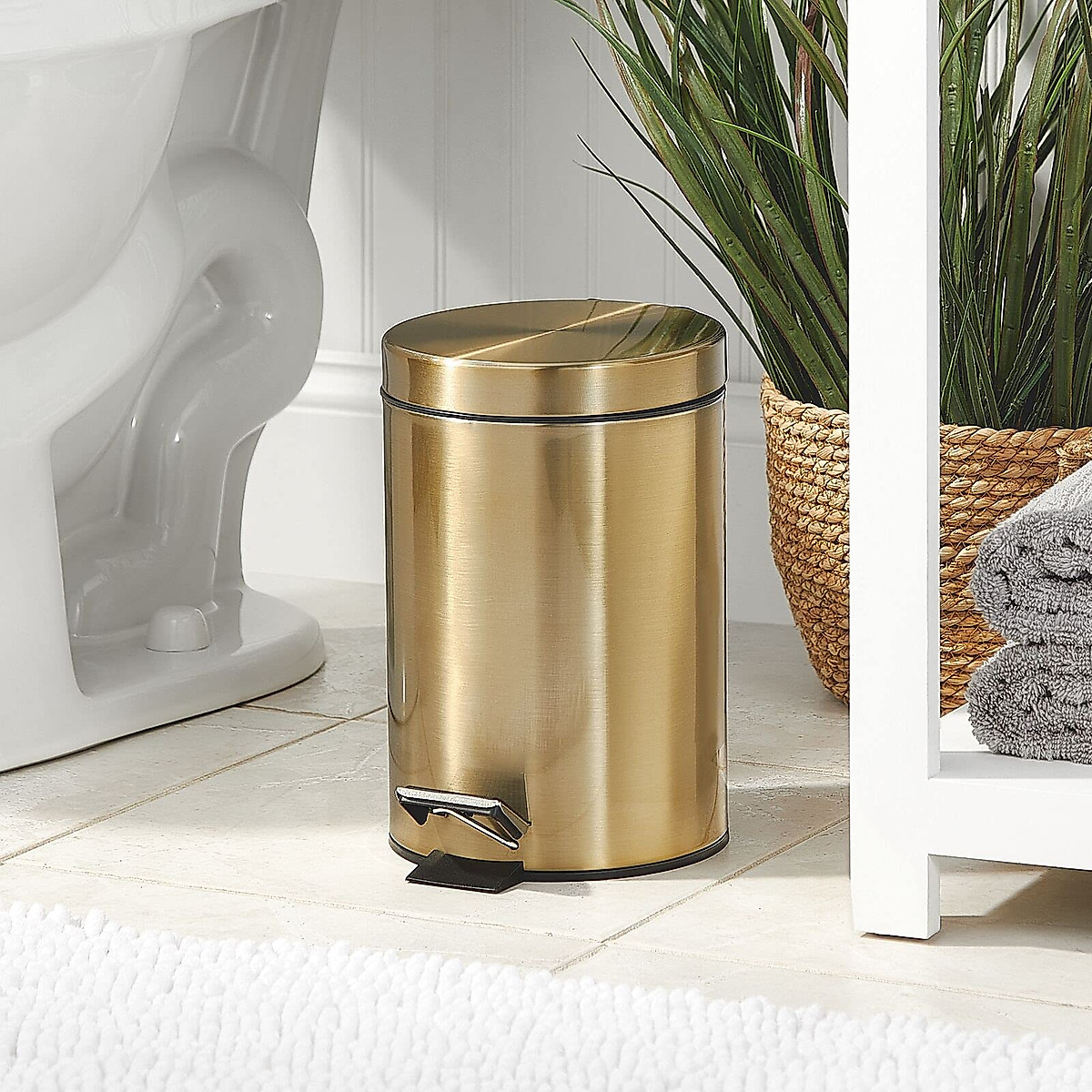 mDesign Tall 3.2 Gallon/12 Liter Round Metal Step Trash Can Wastebasket, Garbage Container Bin fo Kitchen, Bathroom, Home - Removable Liner Bucket - Soft Brass