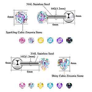 Stainless Steel CZ Cartilage Earrings for Women Men Girls Round Rainbow Quartz Cubic Zirconia Stud Earrings Set 20G 18G Black Conch Tragus Helix Piercing Stud 5Pairs (Silver Mix-1, 16G)