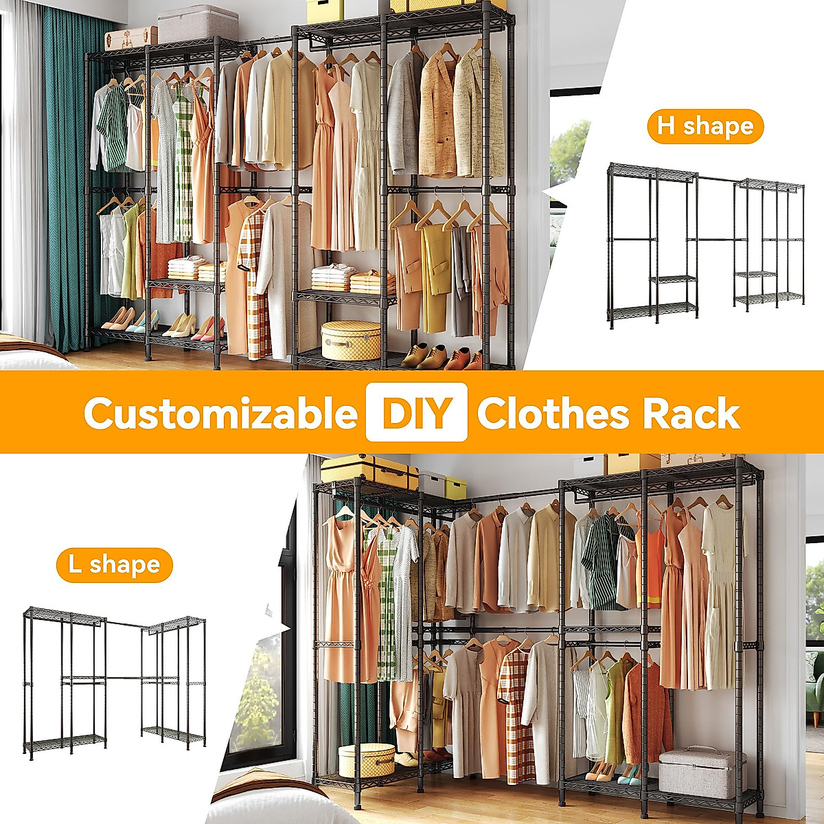 Higeego H5 Pro Heavy Duty Garment Rack, Freestanding Clothes Rack, Wardrobe Closet for Hanging Clothes, Portable Closet Organizer with Expandable Hanger Rods, (97.7-115.4")L x 15.7"W x 75.4"H, Black