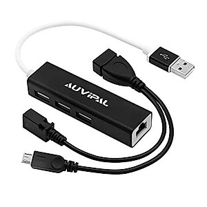 AuviPal LAN Ethernet Adapter with 3 Ports USB OTG Hub for Fire Stick, Chromecast, Google Home Mini, Raspberry Pi Zero - Powered Micro USB OTG Cable Included