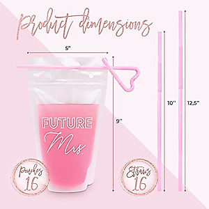 Effortless Events Bachelorette Drink Pouches,16 Count, 15 Oz Drink Pouches with Straws, Rose Gold, Future Mrs & Cheers, Pouches for Drinks with Straws Bachelorette Party Cups