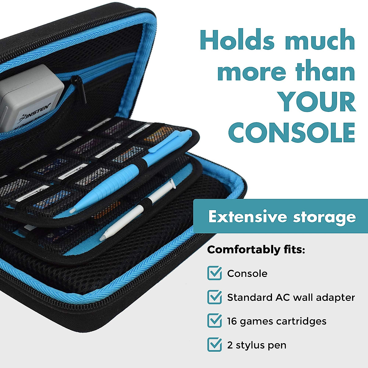 TakeCase Hard Shell Carrying Case - Compatible with Nintendo 3DS XL and 2DS XL - Fits 16 Game Cards and Wall Charger - Includes Removable Accessories Pouch and Extra Large Stylus Light Blue