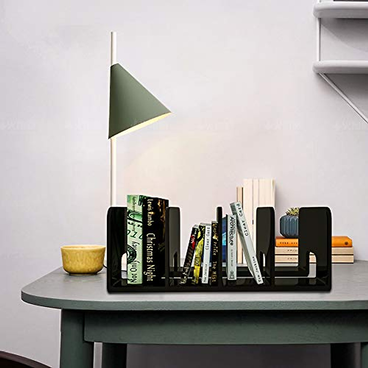 Desktop Book Organizer for Desk - wishacc Book Organizer Office Letter Sorter File Organizer Tabletop Acrylic Book Storage Rack with 4 Vertical Upright Compartments