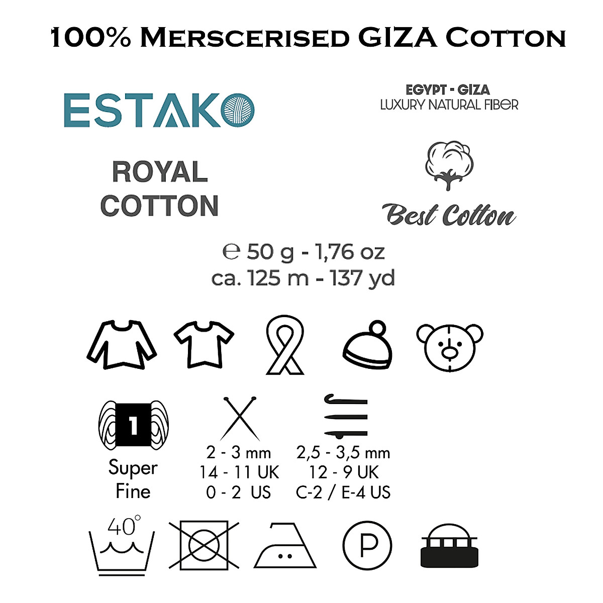 Estako Royal Cotton, 100% Mercerized Giza Cotton Yarn, Soft, Super Fino 1 for Crochet and Knitting 1.76 Oz (50g) / 137 Yrds (125m) (5079 - Denim Blue)