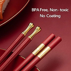 5 Pairs Chopsticks Reusable Fiberglass Dishwasher Safe, 9.57 inch/24.3cm Matte Non-Slip Family/ Hotel/ Restaurant Japanese Chinese Chop Sticks, Christmas & New Year Gift, Red&Gold