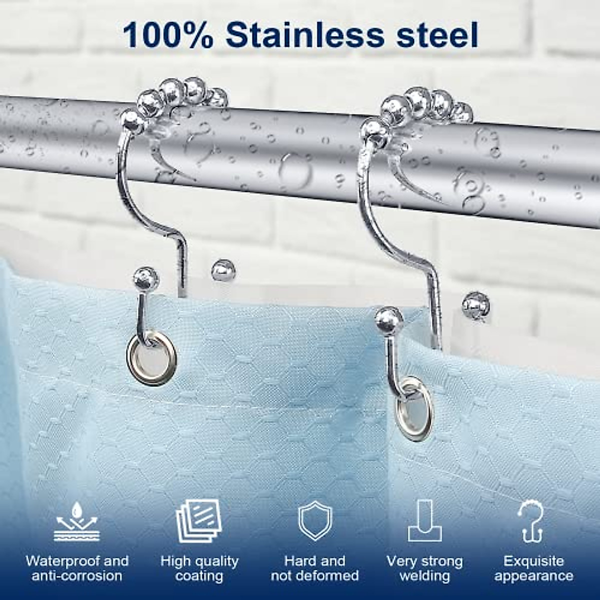 Gidse Shower Curtain Hooks,Sturdy Stainless Steel Double Sided Shower Hooks Rings for Bathroom Shower Curtain Rods Curtains Set of 12 Hooks - Chrome