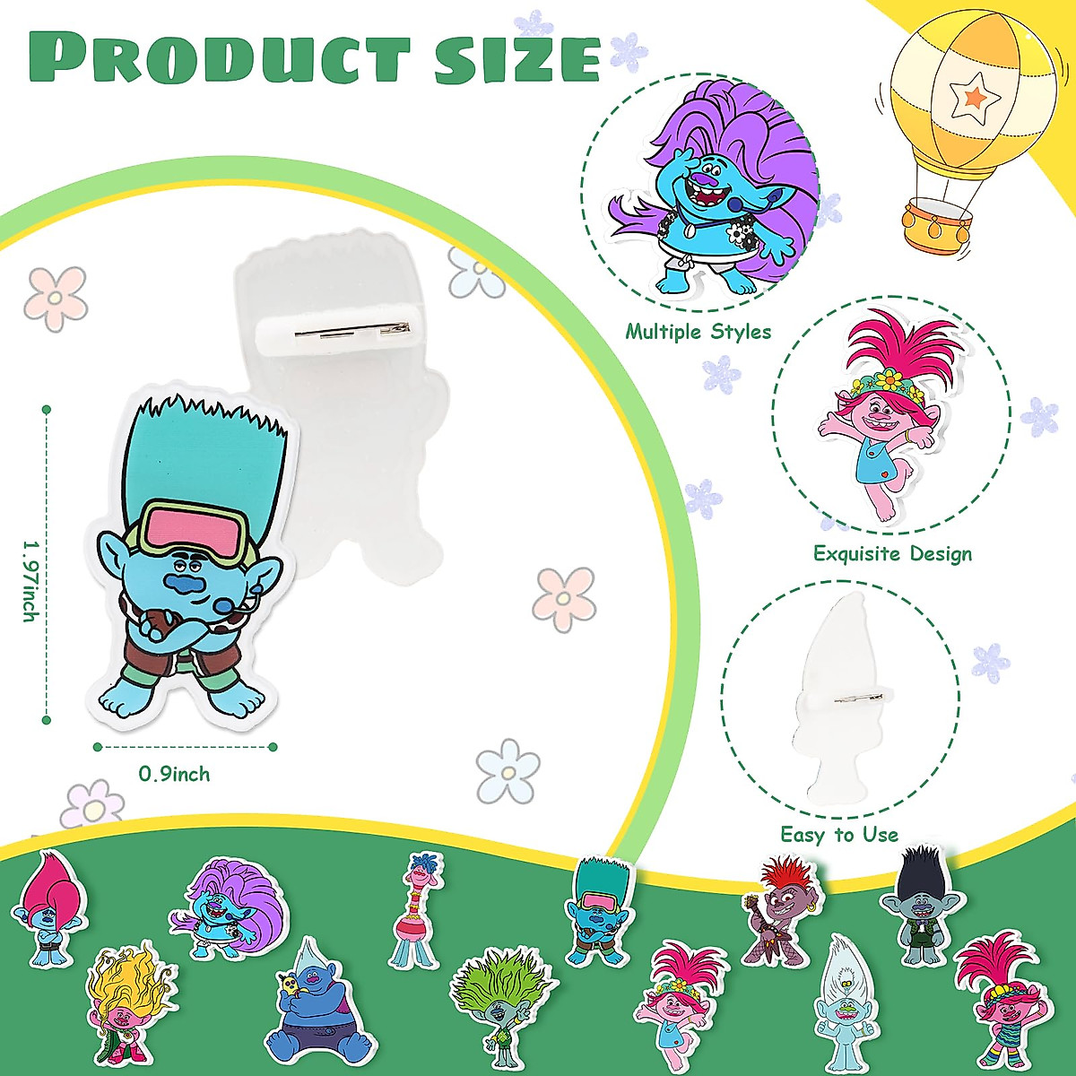 Trolls Birthday Party Supplies, 86PCS Party Favors Set Include 12 Bracelets, 12 Pins, 12 Keychains, 50 Stickers for Trolls Theme Party Gifts