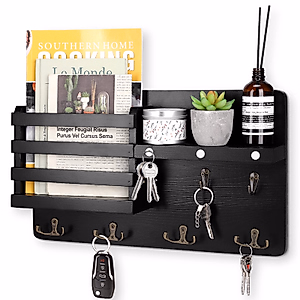 WeBravery Decorative Key Hanging Rack with 10 Hooks – Easy Install Natural Wooden Key and Mail Holder for Wall Mount – Entryway Decor Rack with Shelf (Black)