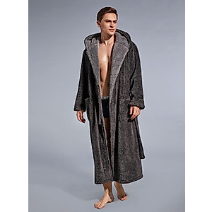 SlumberMee Mens Fleece Plush Robe with Hood Ultra Soft Fluffy Full Length Long with Pockets Luxurious House Coat (Dark Grey, L)