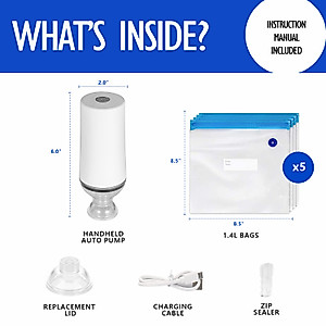 VICARKO Vacuum Food Sealer, Save Sealer, USB Rechargeable Handheld Pump, for Sous Vide and Food Storage, with 5 Reusable Zipper Vacuum Bags, Compatible with Anova Joule Sous Vide Machine