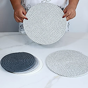 X Large 10 Inches Potholders Set 5 Pcs Trivets Set 100% Cotton Hand Woven Round Place Mats for Kitchen Absorbent, Insulated, Scratch Free Table Protection 2 Pcs 10" and 3 Pcs 7"