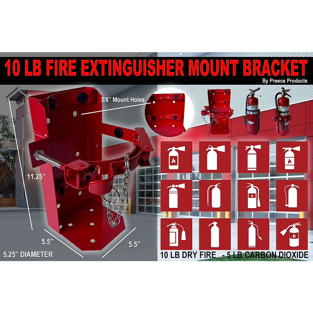 Heavy Duty 10 LB Fire Extinguisher Mount Bracket for Vehicle and Building for 10lb Dry and/or 5lb Co2 5.25" Diameter, Generic for 809 by amerex