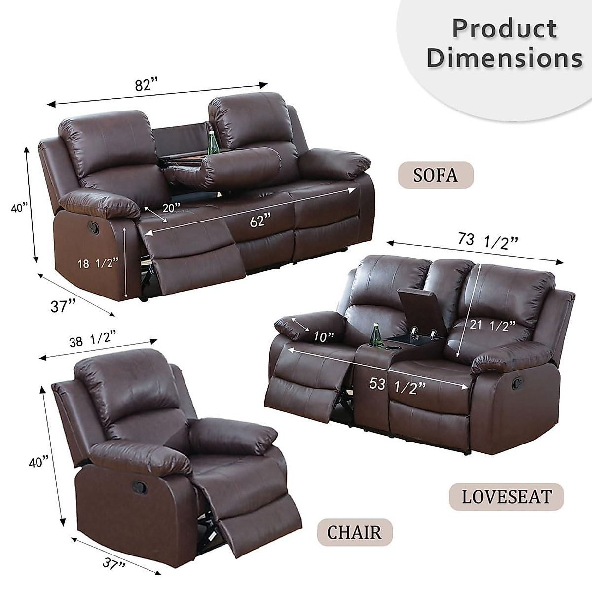 Dekmxas 2 Seater Recliner Loveseat, Bonded Leather Couch Living Room Furniture, Manual Reclining Loveseat Couch with Cup Holders and Storage Console for Home/Rv Car(Bonded Leather Brown, Loveseat)