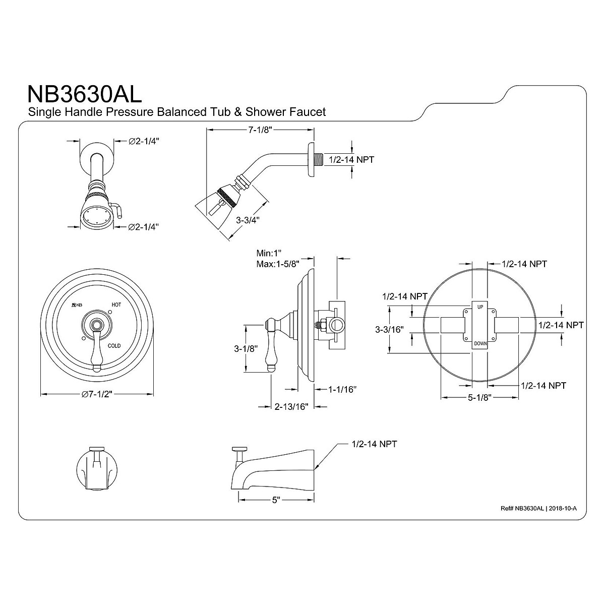 Kingston Brass NB3630AL Water Onyx Pressure Balanced Tub & Shower Faucet with Metal Lever Handle, Black Stainless Steel