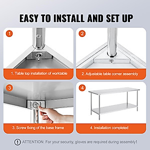 VEVOR Stainless Steel Prep Table, 30 x 72 x 34 Inch, 920 lbs Load Capacity, Heavy Duty Metal Worktable with 3 Adjustable Height Levels, Commercial Workstation for Kitchen Garage Restaurant Backyard