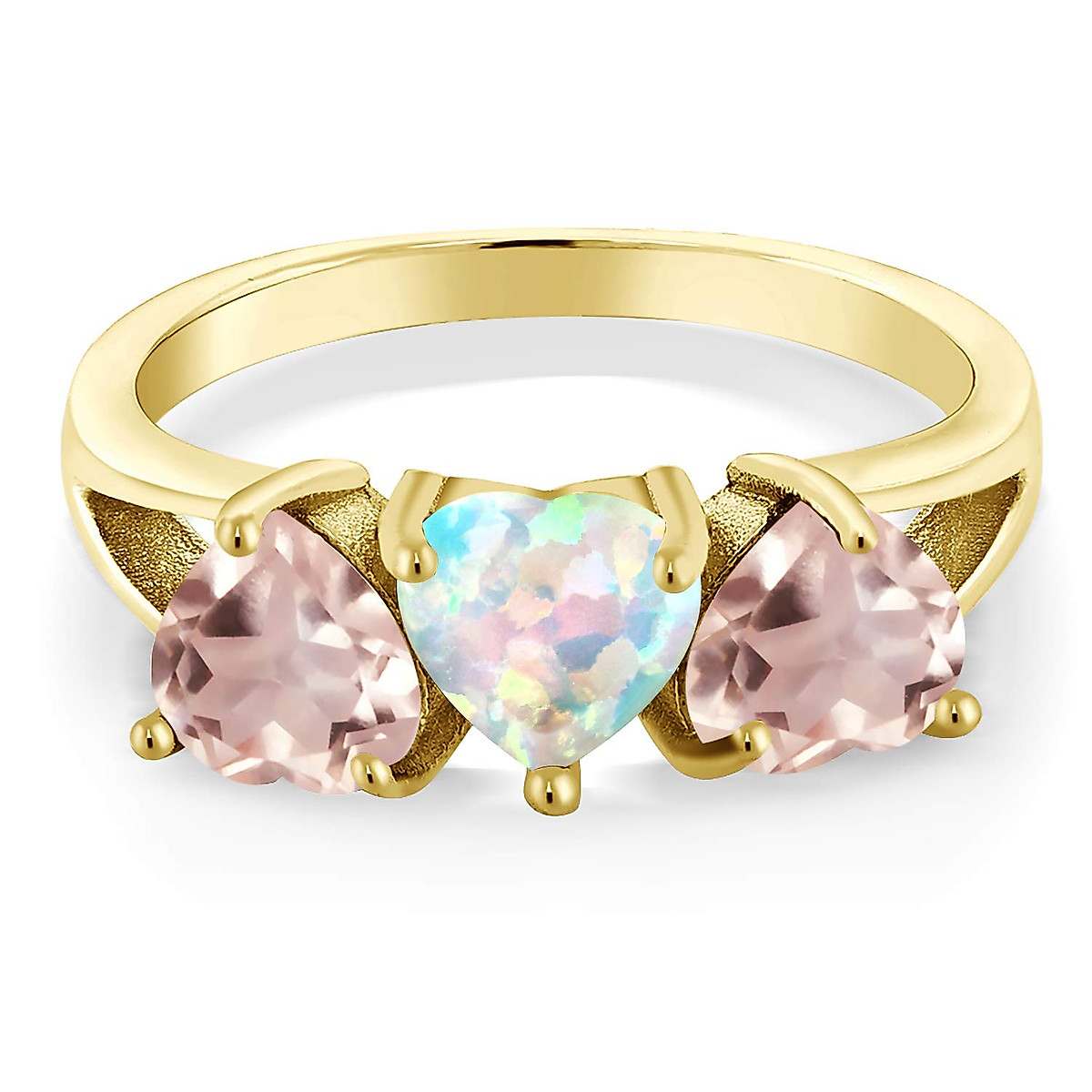 Gem Stone King 18K Yellow Gold Plated Silver White Simulated Opal Rose Rose Quartz Ring For Women (2.15 Cttw, Available In Size 5, 6, 7, 8, 9)