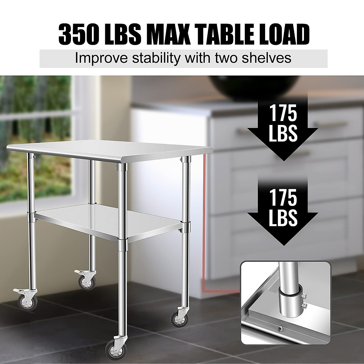 KODOM Food Prep Stainless Steel Table 36'' x 24'', Heavy Duty Workbench with Adjustable Under Shelf, Commercial Worktable with 4 Casters for Commerical Kitchen, Restaurant, Home and Hotel, Silver