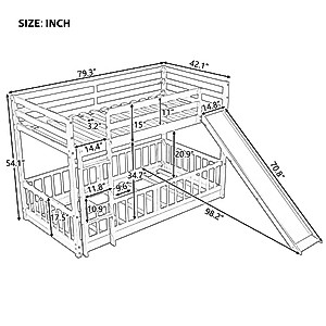 Twin Over Twin Low Bunk Bed for Kids, Ladder and Slide Can Be Interchanged or Remove, Solid Wood Bunk Bed Can Be Converted into Loft Bed (Gray + Fence Can Be Deleted)