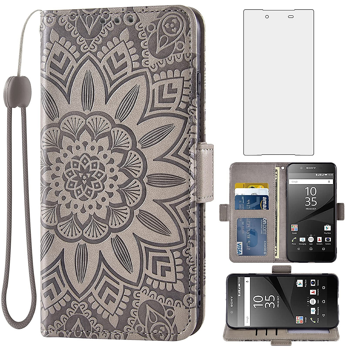 Asuwish Phone Case for Sony Xperia Z5 with Tempered Glass Screen Protector and Flower Leather Wallet Flip Cover Credit Card Holder Stand Cell Accessories Experia 5Z E6653 Boys Girls Women Men Grey