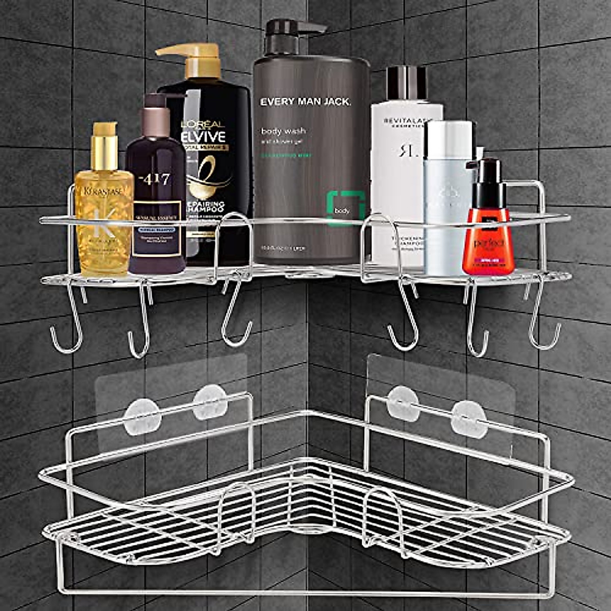 2 Pack Corner Shower Caddy Shelf, No Drilling Heavy Duty Corner Shower Basket Adhesive Stainless Steel Bathroom Shower Organizer for Kitchen, Bathroom, Toilet