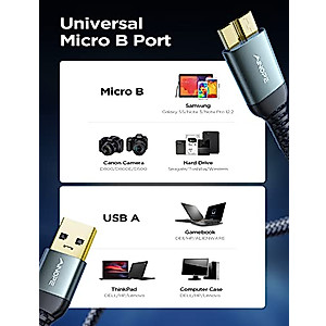 AINOPE USB 3.0 Cable 3.3FT Seagate External Hard Drive Cable Durable Nylon Braided Fast Data Transfer Cord Compatible with Samsung Galaxy S5/Note 3/Note Pro 12.2, Canon Camera, Seagate Hard Drive