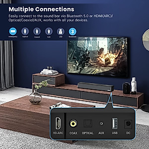 Sound Bar, BESTISAN 50 Watts Soundbar with HDMI, Optical, Coaxial, AUX, USB and Bluetooth Connection, DSP, Bass Adjustable, 16 Inch, Mountable