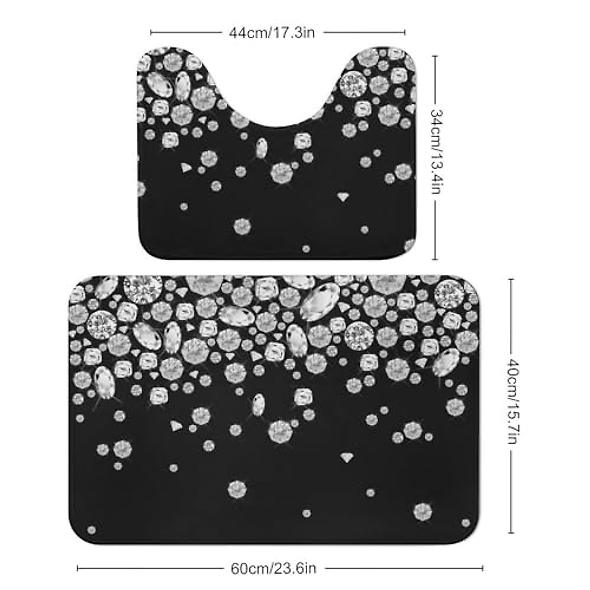 Bathroom Rug Set 2 Piece Diamonds Black Bath Rugs and U-Shaped Contour Toilet Rug, Non-Slip Bath Carpet Bath Mats for Bathroom 15.7"x23.6"