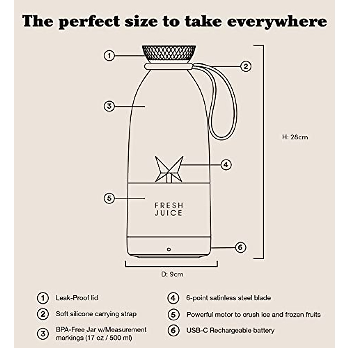 Fresh Juice Bottle Blender Plus,Personal Blender for Smoothies, Juices and Protein Shakes On the go,Smoothie Mini Blender for Home, Travel, Office, Gym,500ml, USB Rechargeable, Quiet, BPA Free (Pink)