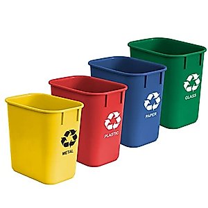 Acrimet Wastebasket Bin for Recycling 13QT (Made of Plastic) (Metal/Yellow, Paper/Blue, Glass/Green, Plastic/Red) (Set of 4)