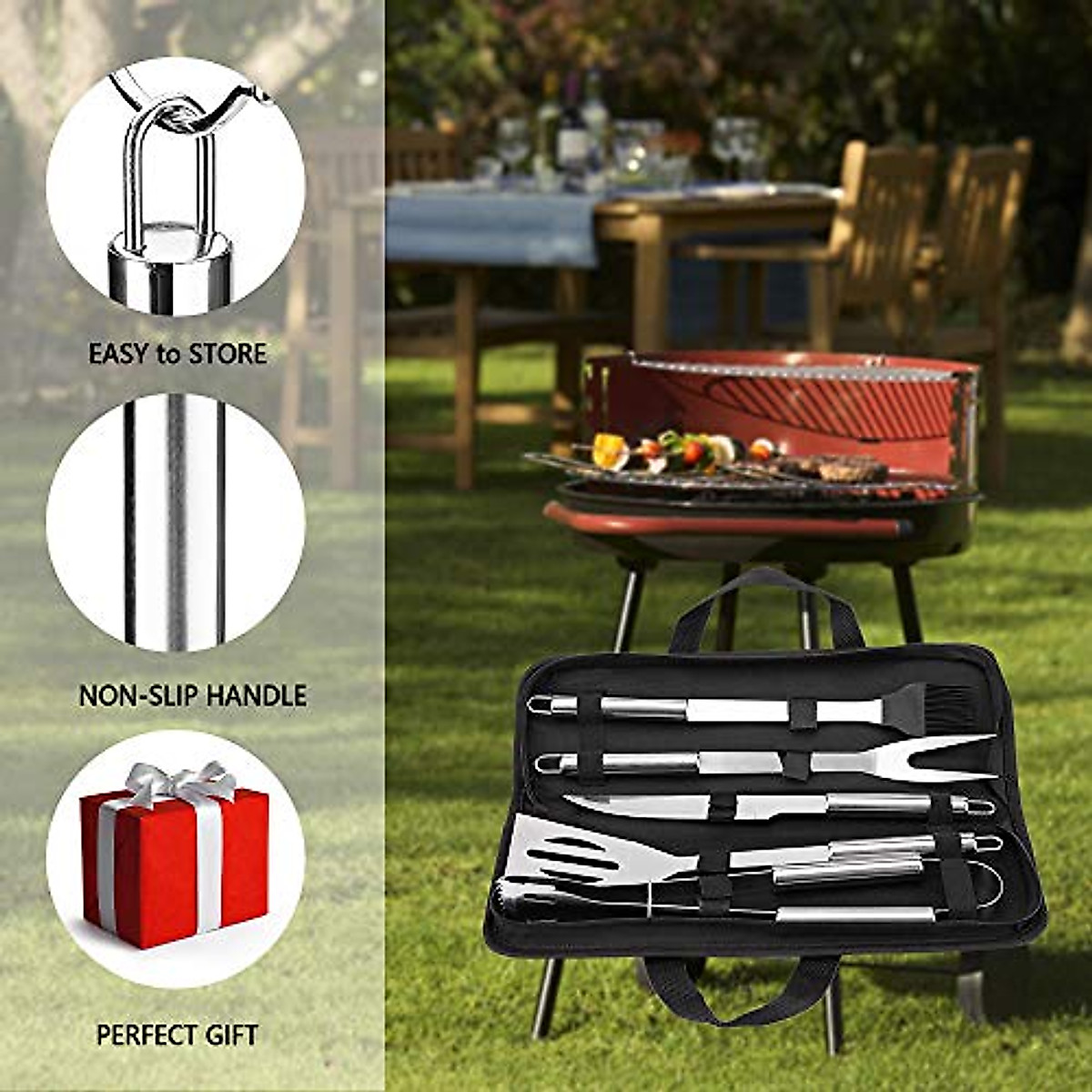 Piduules 5Pcs BBQ Grill Accessories Set, Multifunctional Stainless Steel Barbecue Tools Set in Case for Outdoor Picnic, Camping, Smoking, Grilling