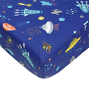 Brandream Baby Boys Crib Bedding Sets Outer Space Rocket Planet Astronaut Nursery Bedding Set,3 Piece Baby Newborn Crib Comforter Sets 100% Cotton, Navy/White